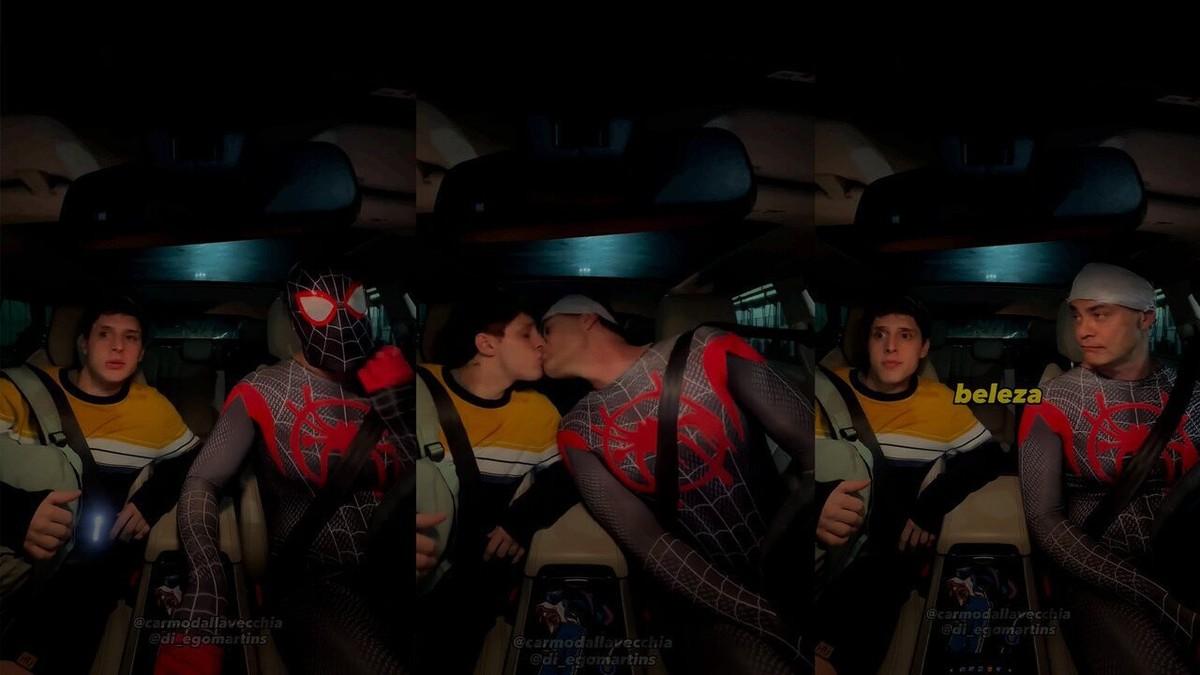 Carmo Dalla Vecchia e Diego Martins encarnam Homem Aranha e Robin, com direito a beijinho ...