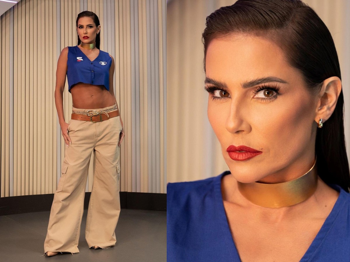 Deborah Secco usa calça com dois cintos e batom vermelho para o 'Tá na ...