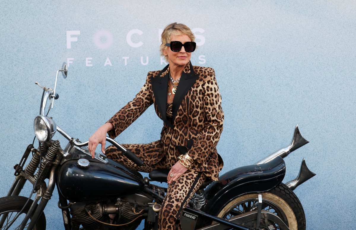 Sharon Stone posa como 'motoqueira' e look de oncinha na première de ...