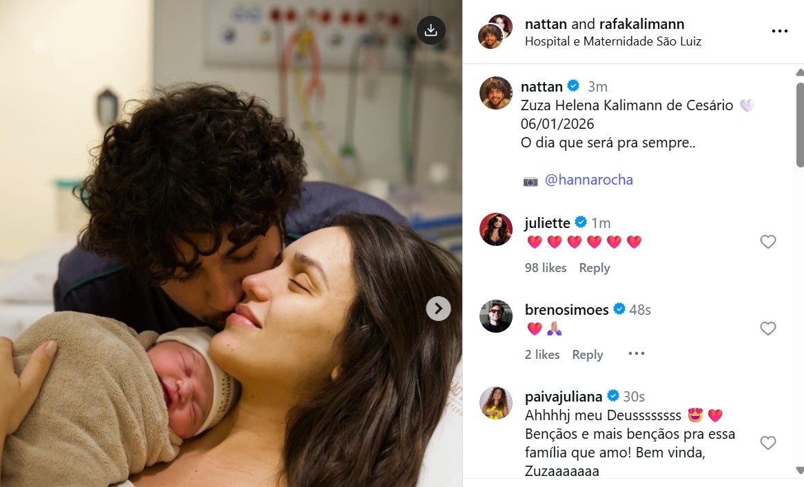 Ex-BBBs comentam nascimento de Zuza, filha de Rafa Kalimann e Nattan ...