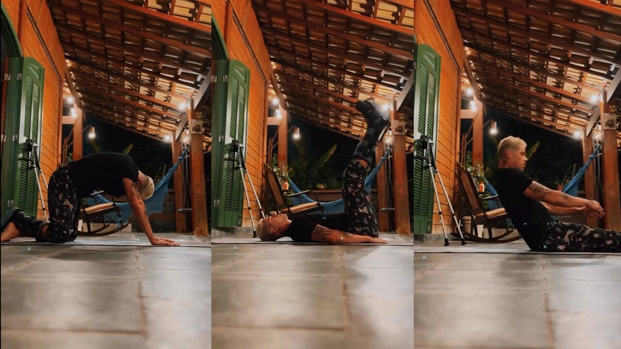 José Loreto pratica ioga com a perna imobilizada e muleta | Gshow