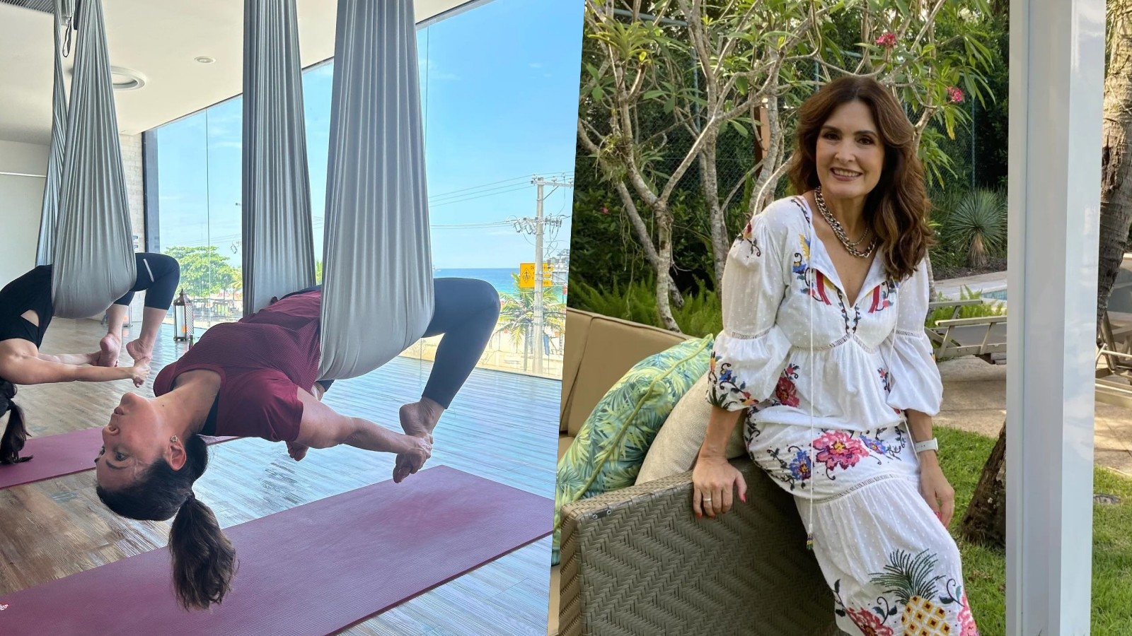 Fátima Bernardes pratica ioga com tecidos pela primeira vez: 'Adoro ...