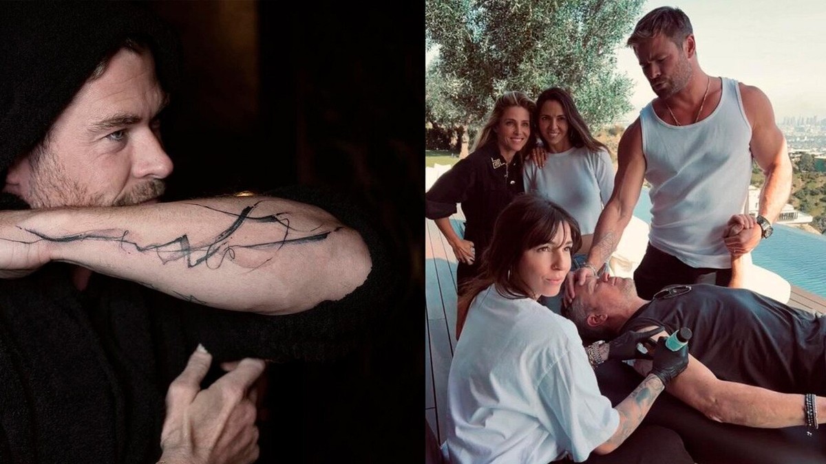 Matt Damon segura mão de Chris Hemsworth enquanto ator é tatuado ...